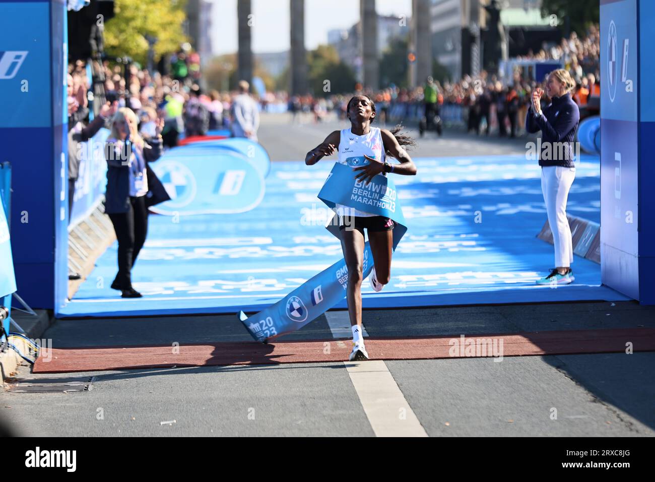 09/24/2023, Berlin, Germany. Tigst Assefa at the finish. Tigst Assefa ...