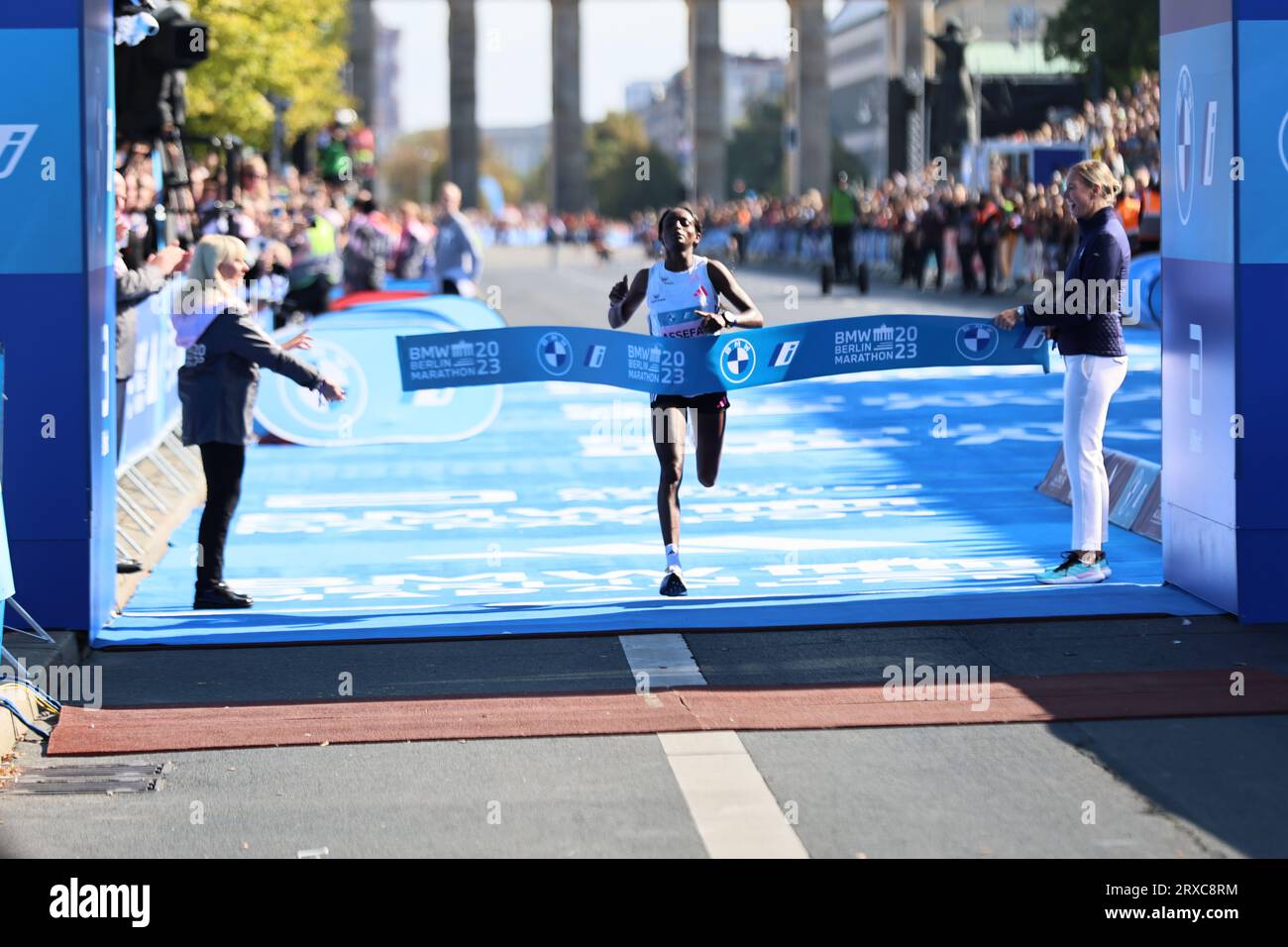 09/24/2023, Berlin, Germany. Tigst Assefa at the finish. Tigst Assefa ...