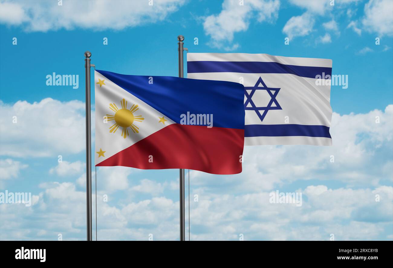 Israel flag and Philippines flag waving together on blue sky, two ...