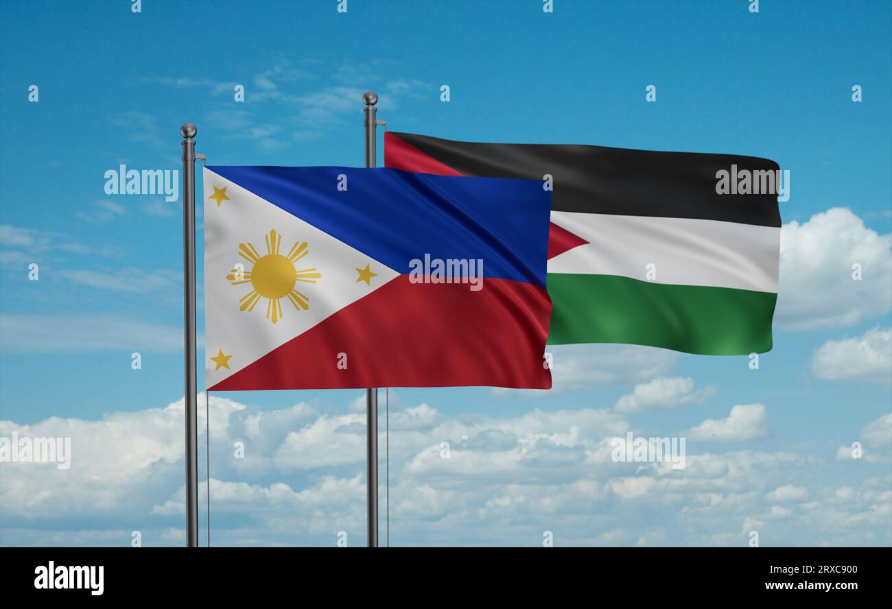 Jordan and Philippines flag waving together in the wind on blue sky ...