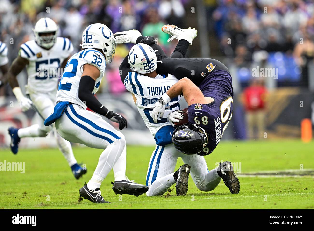 Baltimore Ravens tight end Mark Andrews (89) is tackled by Indianapolis ...