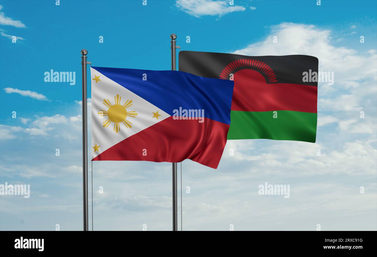 Malawi flag and Philippines flag waving together on blue sky, two ...