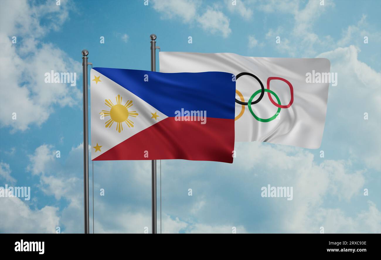 Olympic Games and Philippines flag waving together in the wind on blue ...