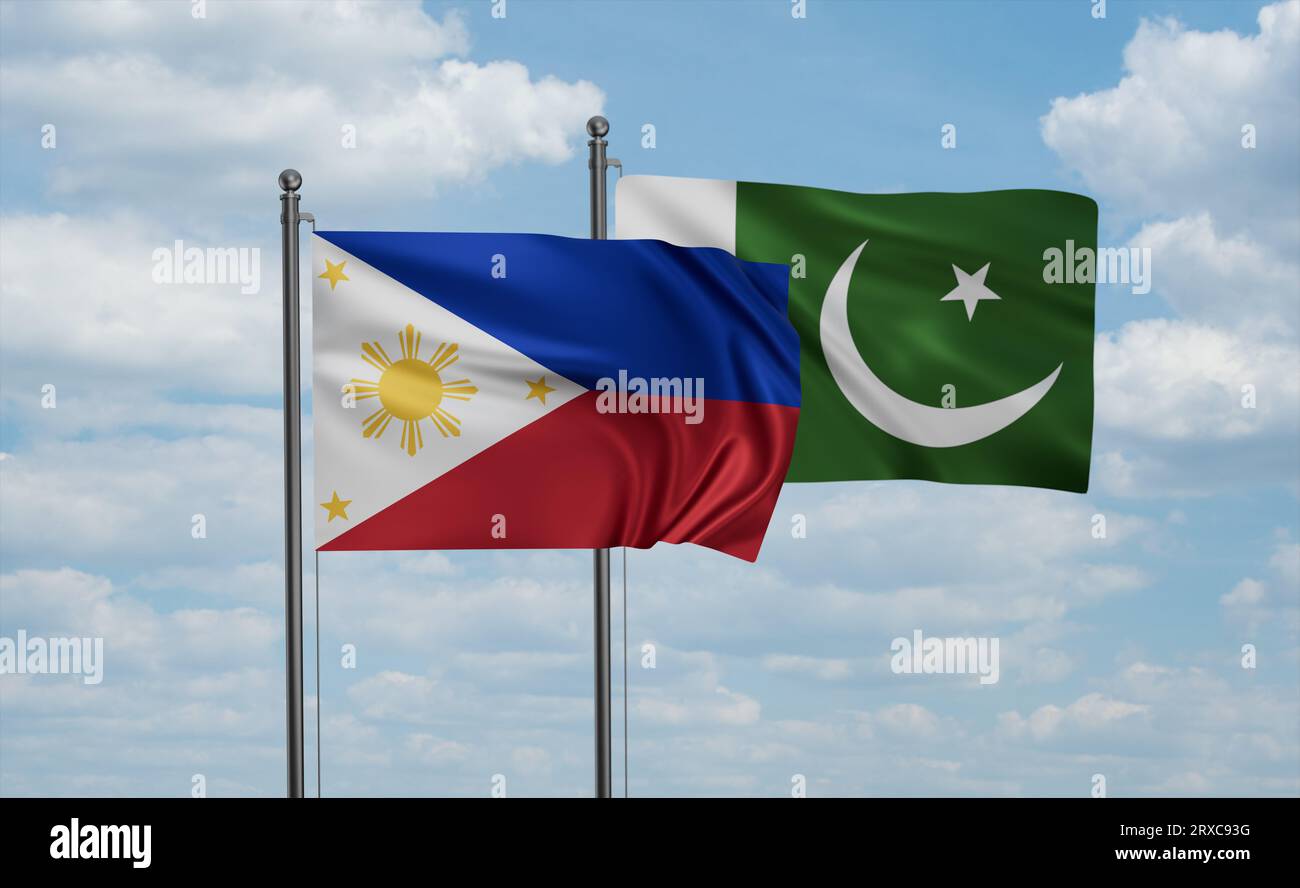 Pakistan flag and Philippines flag waving together on blue sky, two ...