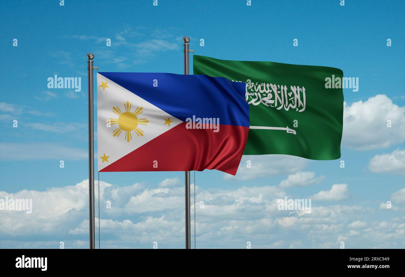 Philippines and Saudi Arabia flags waving together in the wind on blue ...