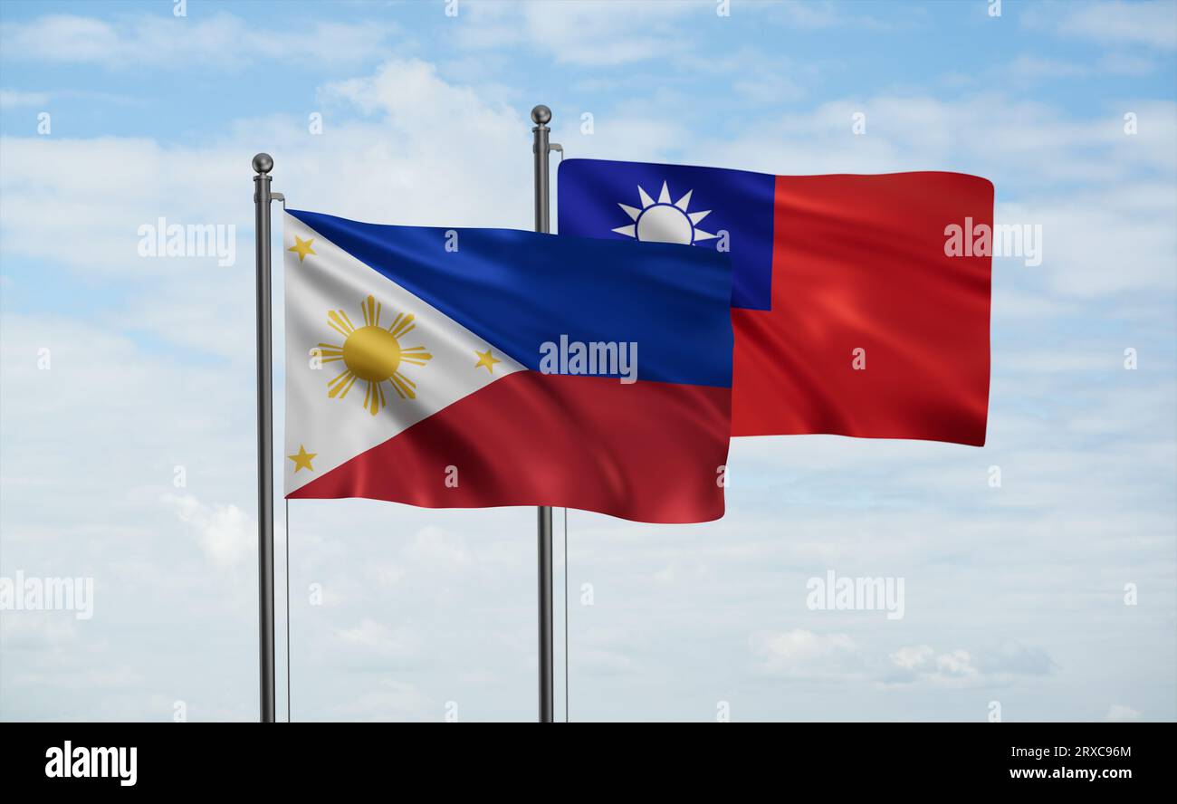 Taiwan and Philippines flag waving together in the wind on blue sky ...