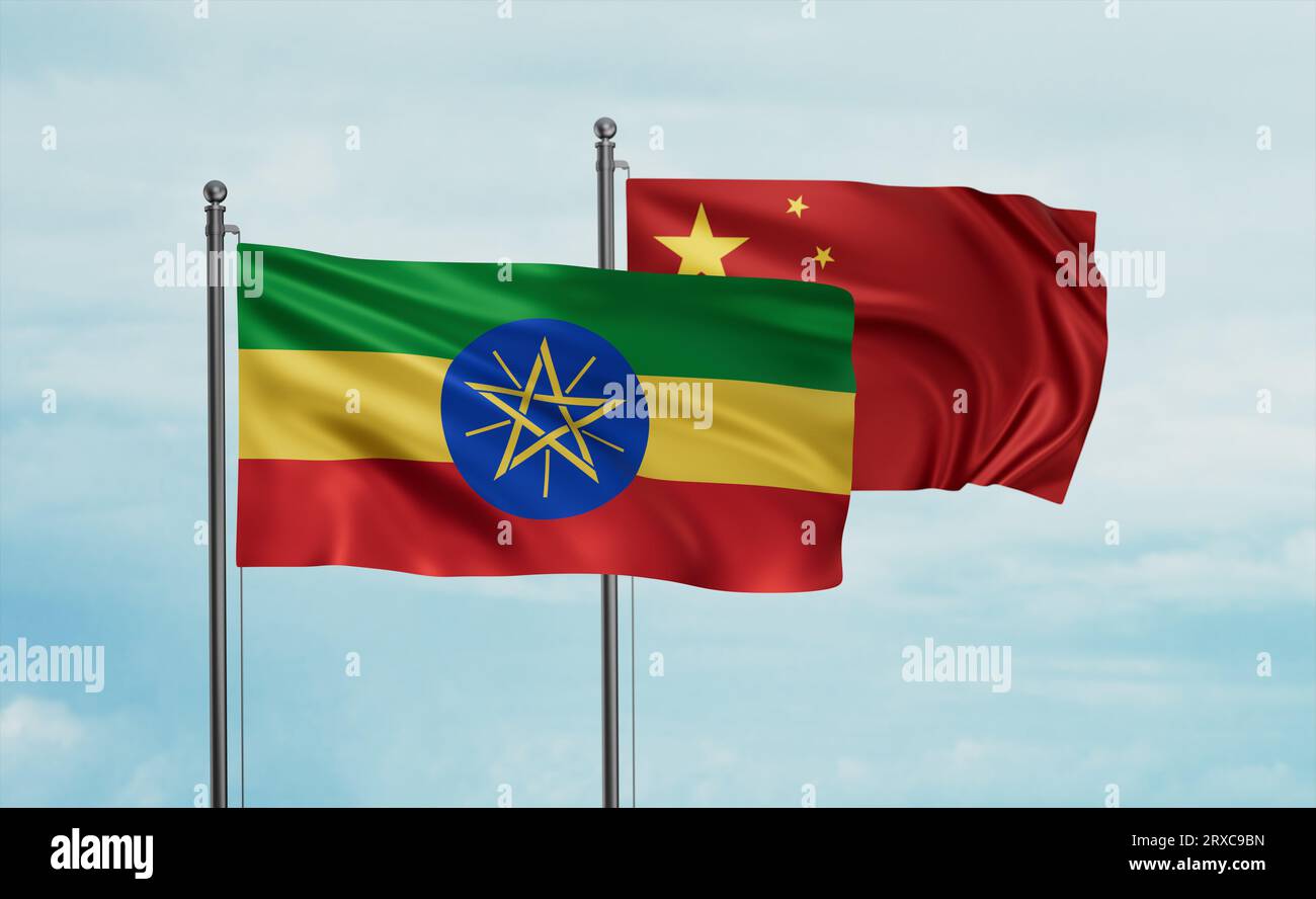 China flag and Ethiopia flag waving together on blue sky, two country ...