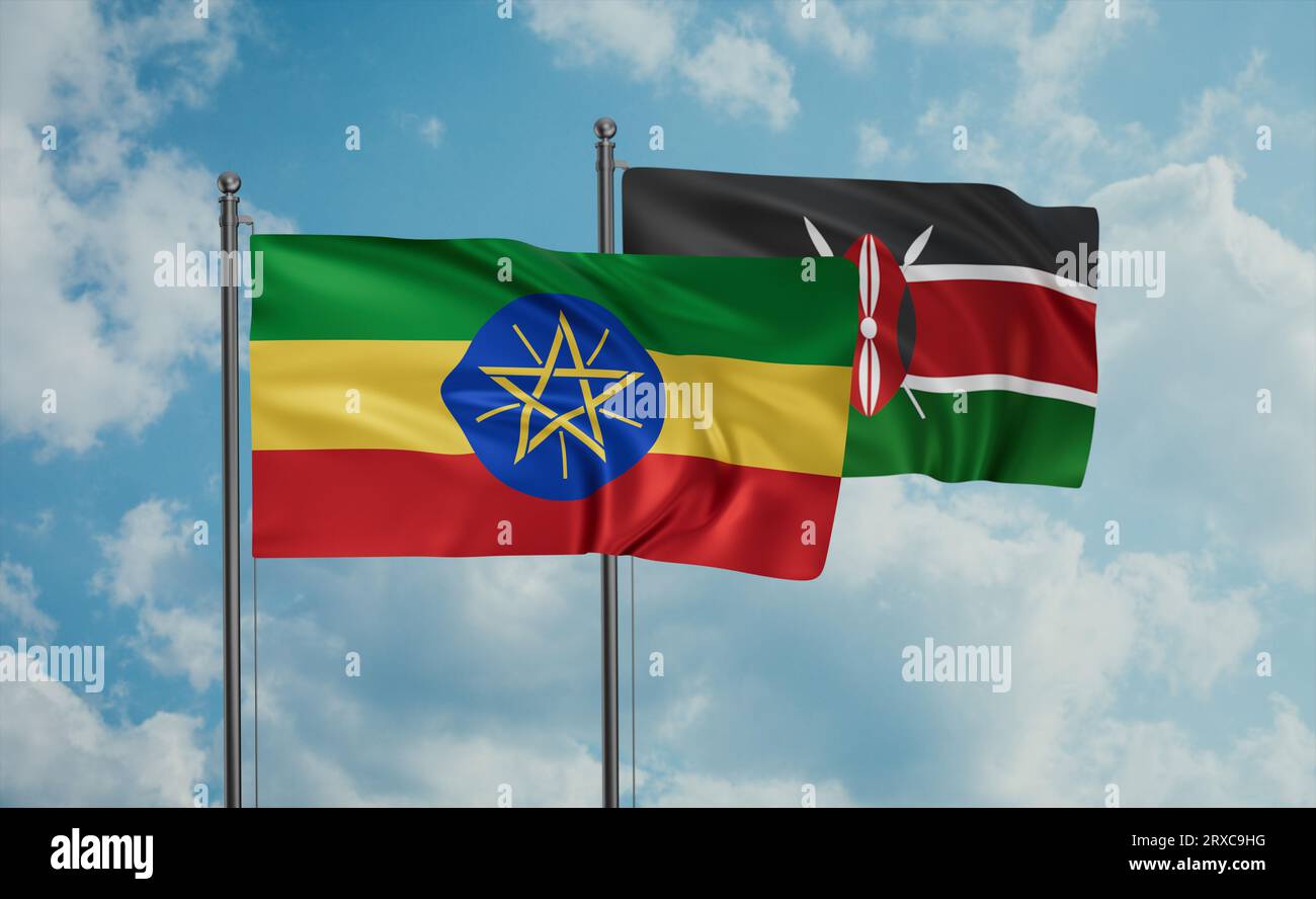 Kenya flag and Ethiopia flag waving together on blue sky, two country ...