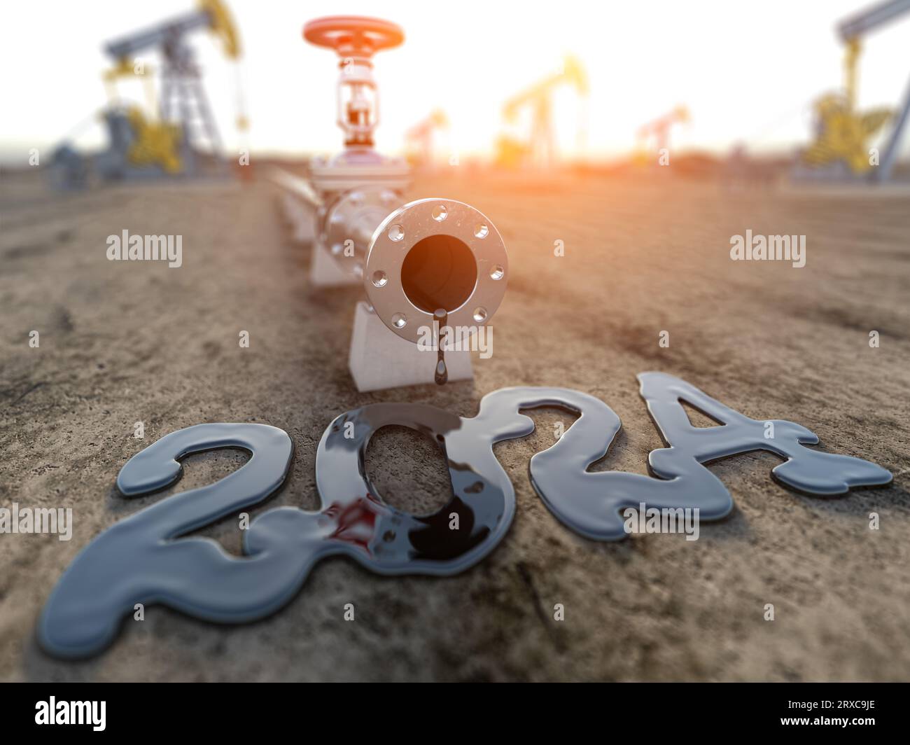 Oil pump line tubes with spilled oil in a form os 2024 and pump jacks ...