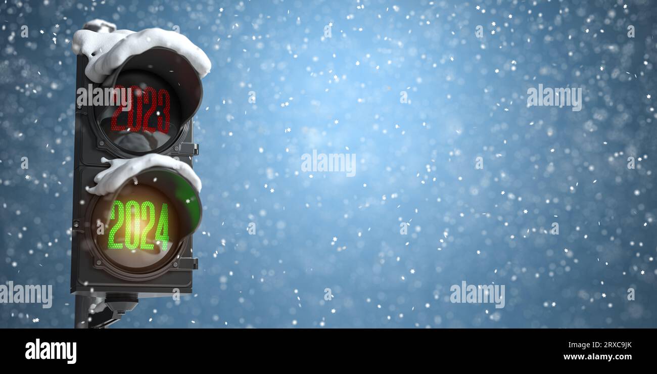 Happy new year 2024. Traffic light with green light 2024 and red 2023 ...