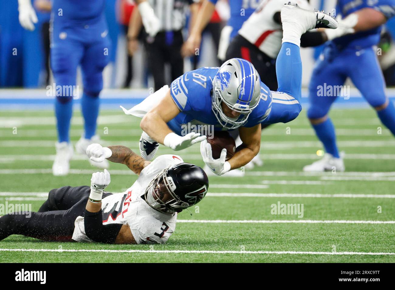 Detroit Lions tight end Sam LaPorta (87) is tackled by Atlanta Falcons ...