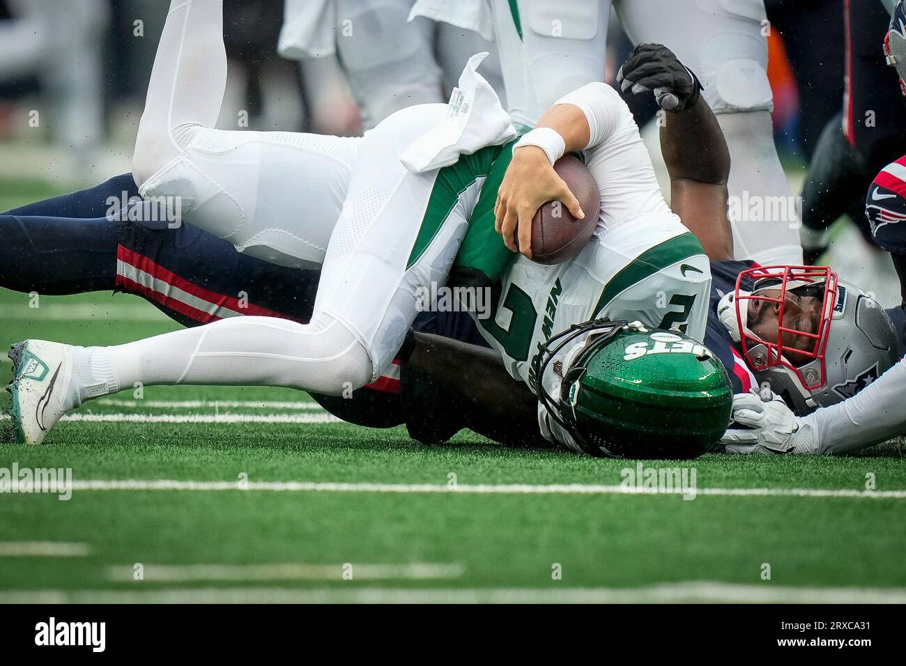 New England Patriots defensive tackle Christian Barmore (90) sacks New ...