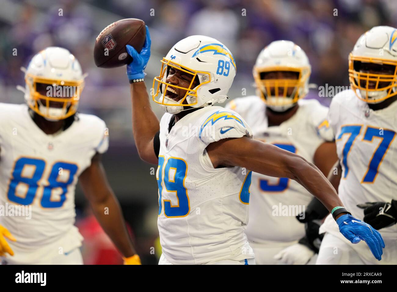 Los Angeles Chargers tight end Donald Parham Jr. (89) celebrates after ...