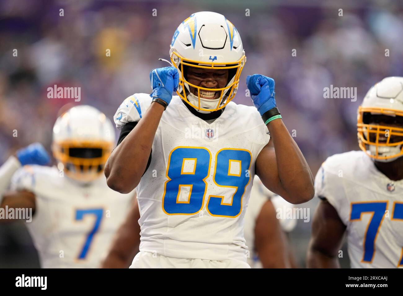 Los Angeles Chargers tight end Donald Parham Jr. (89) celebrates after ...