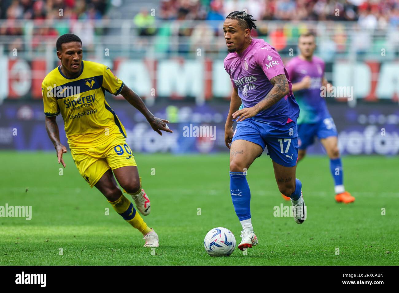 Milan, Italy. 23rd Sep, 2023. Noah Okafor of AC Milan (R) and Michael ...
