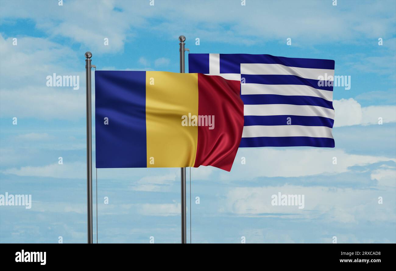 Greece flag and Romania flag waving together on blue sky, two country ...