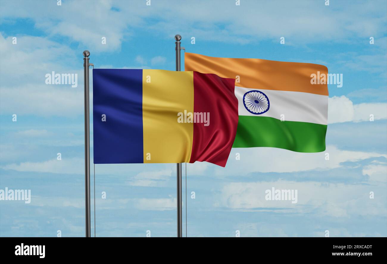 India flag and Romania flag waving together on blue sky, two country ...