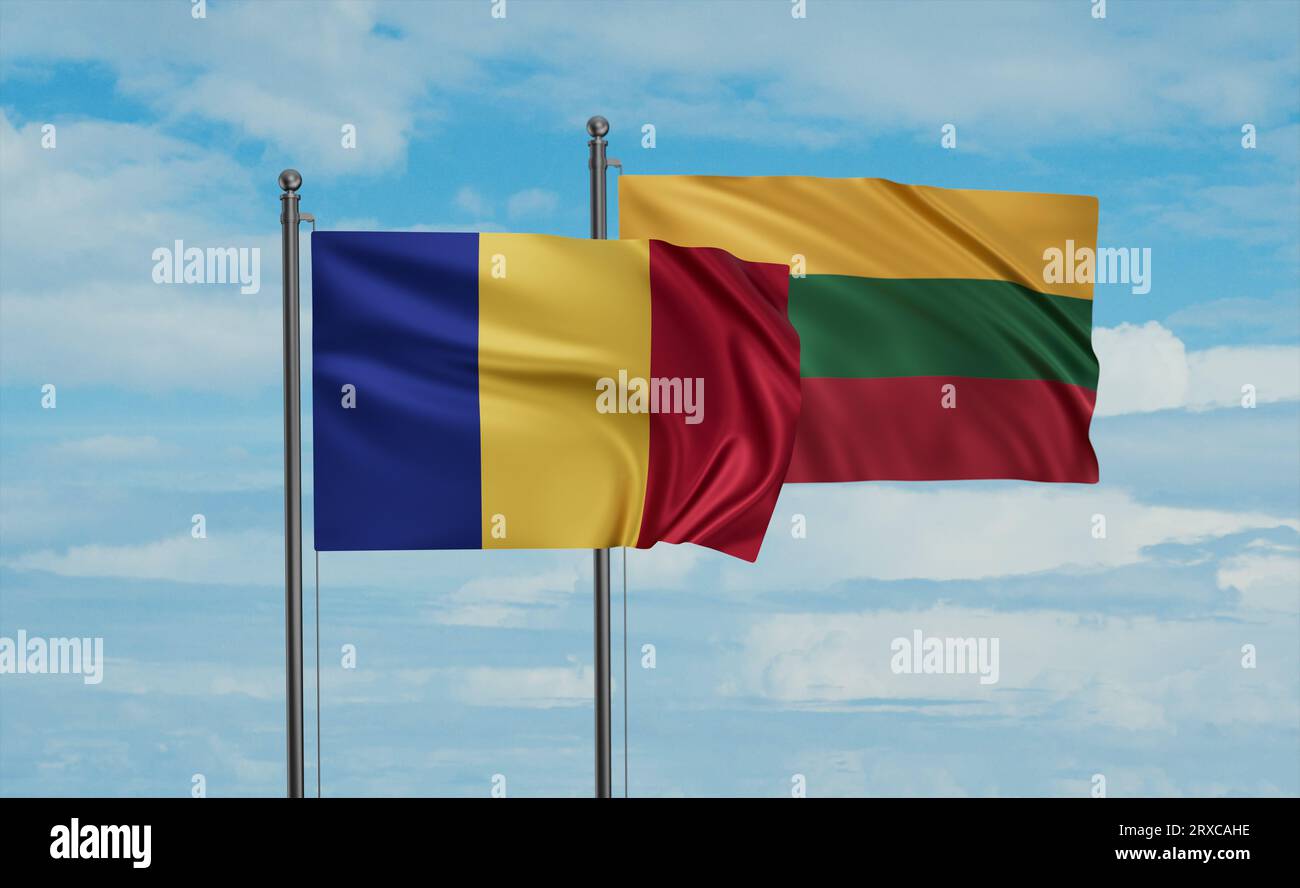 Lithuania flag and Romania flag waving together on blue sky, two ...