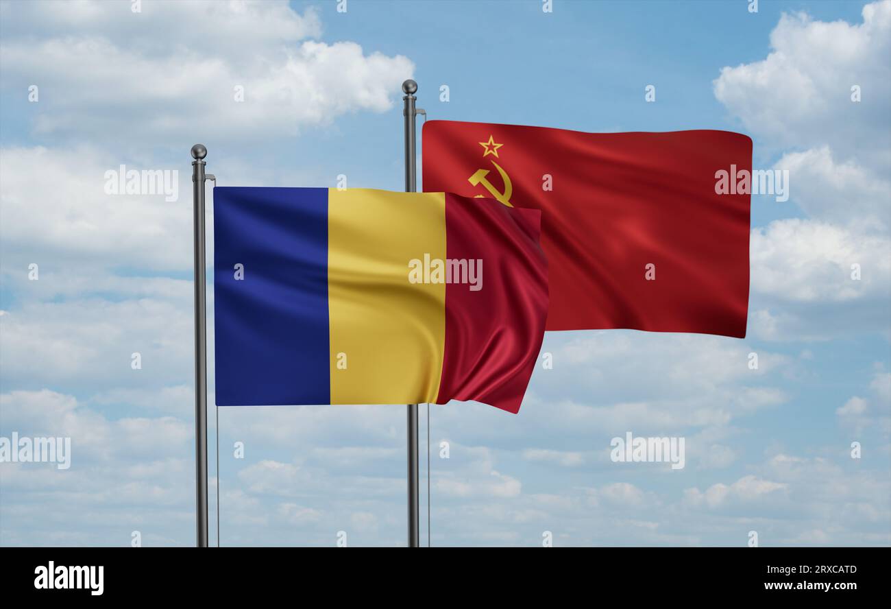 Soviet Union or USSR and Romania flag waving together in the wind on ...