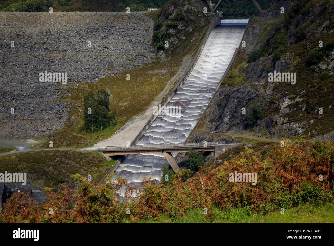 An outflow of water at Llyn Brianne, a man-made reservoir in the ...