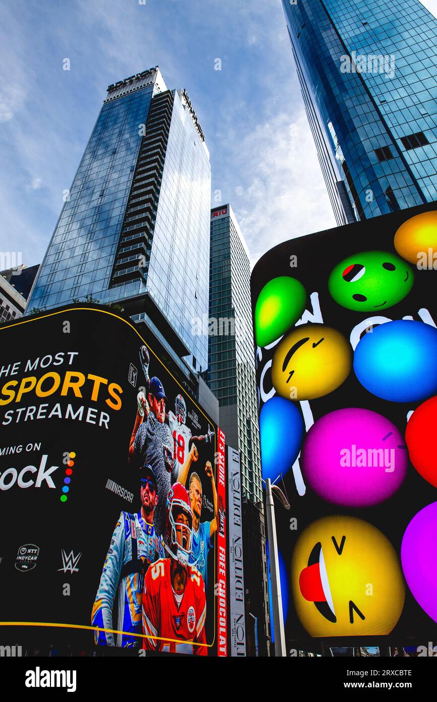 TIMES SQUARE, NEW YORK, USA, - SEPTEMBER 15, 2023. Low angle view of ...