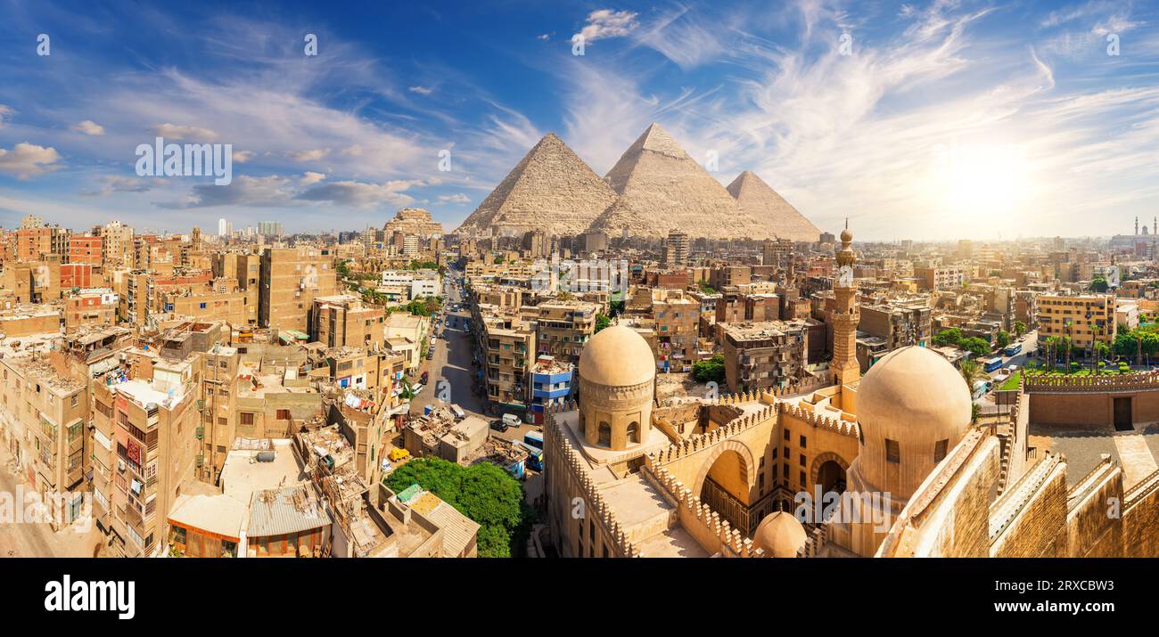Aerial view of Cairo, the Pyramids, Mosque of Ibn Tulun and other sights of the capital of Egypt ...