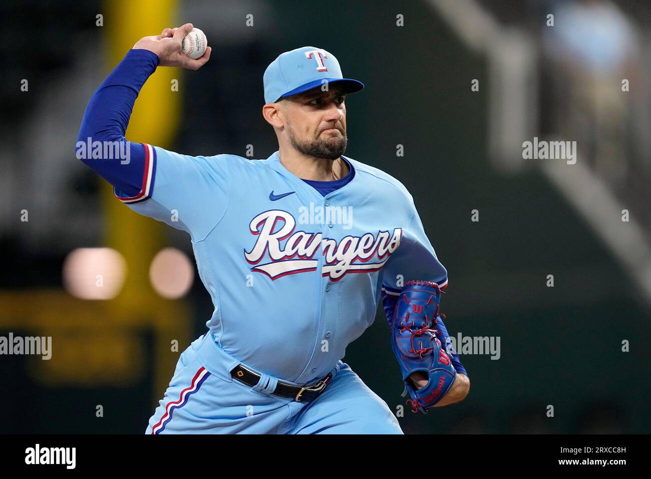 Texas Rangers starting pitcher Nathan Eovaldi throws to the Seattle ...