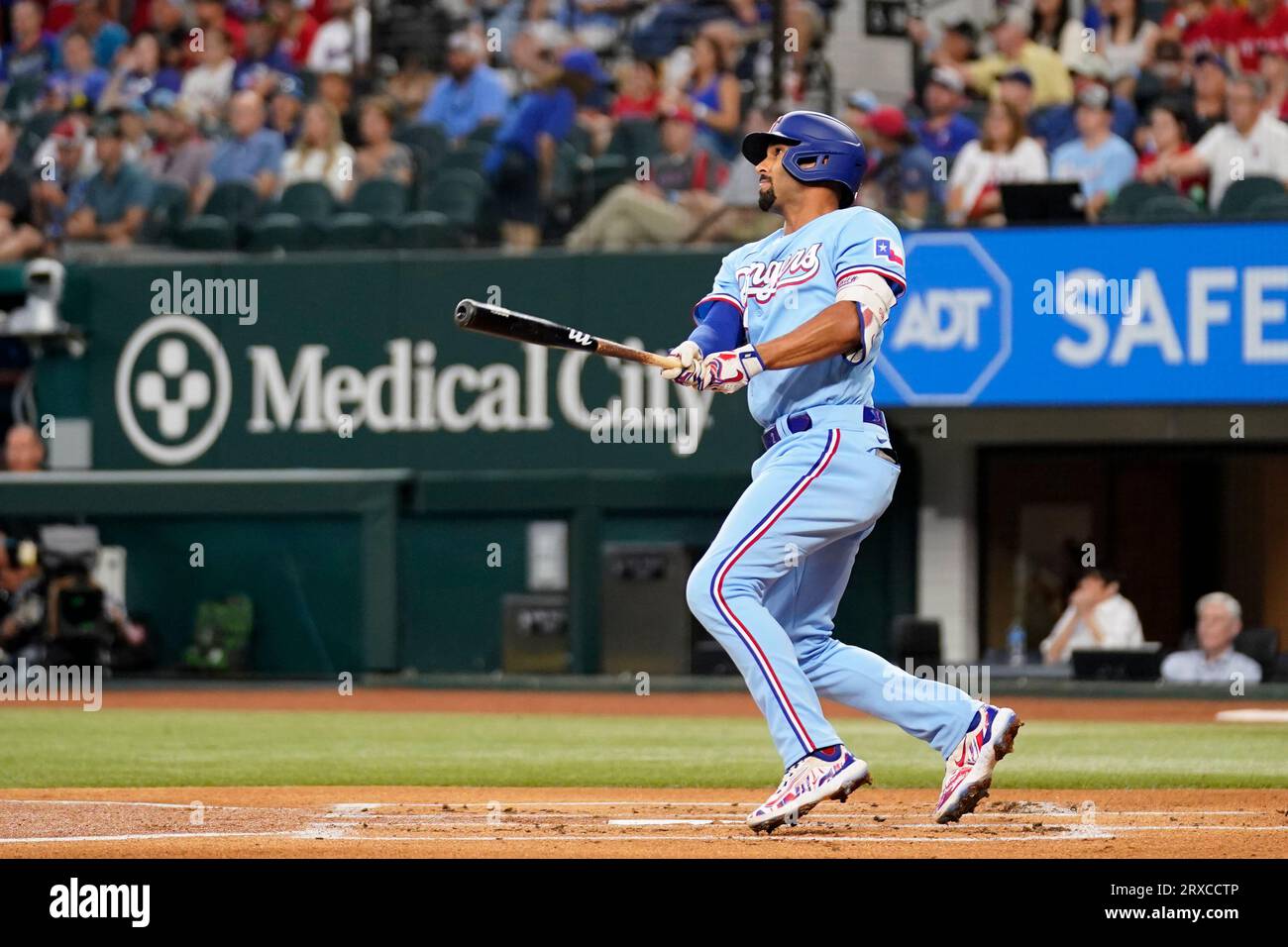 Texas Rangers' Marcus Semien watches the flight of his lead-off solo ...