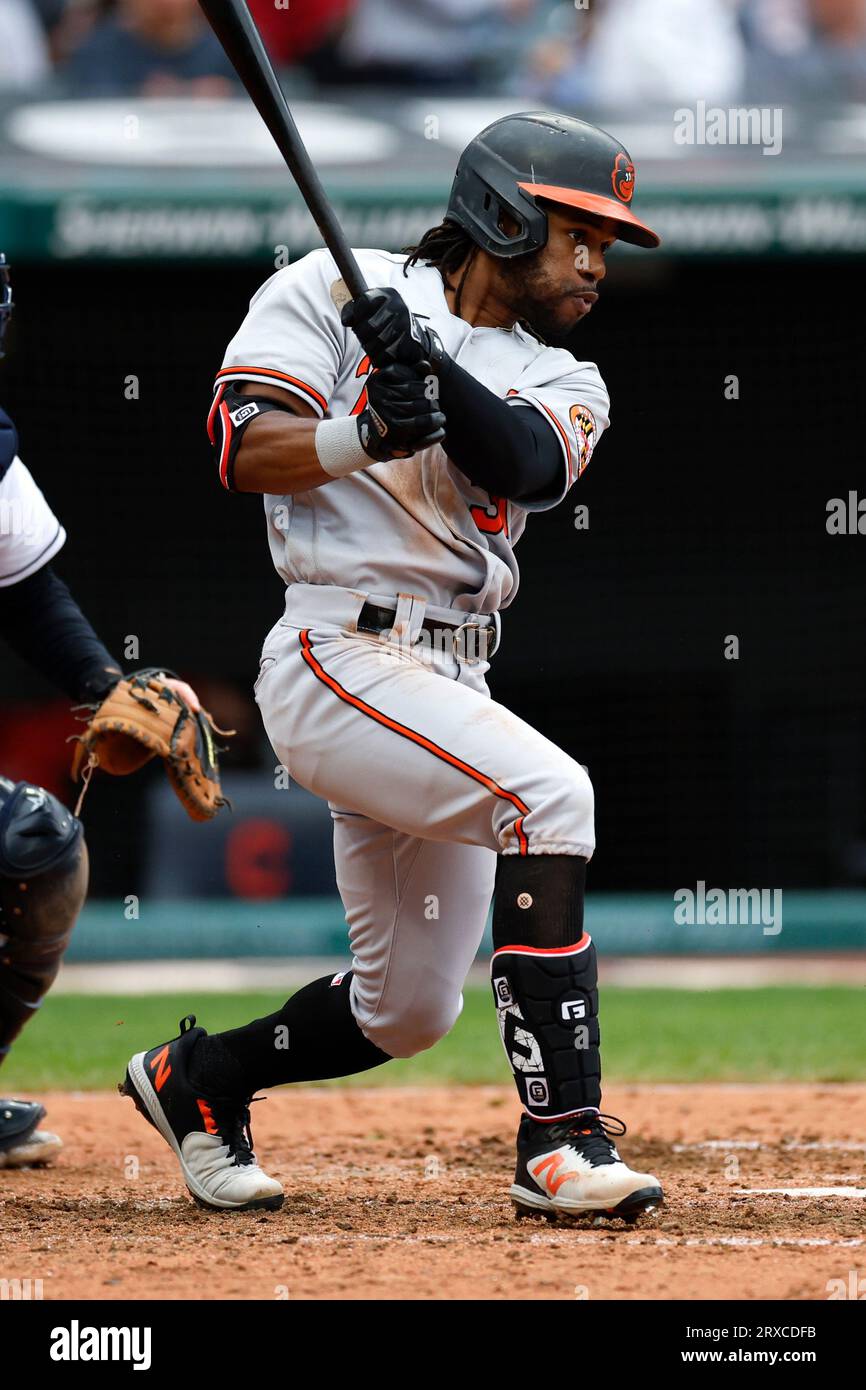 Baltimore Orioles' Cedric Mullins watches his RBI single off Cleveland ...