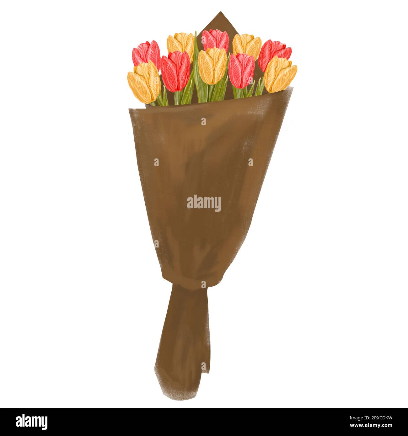 Watercolor drawing of a bouquet of yellow and pink tulips. Floral ...