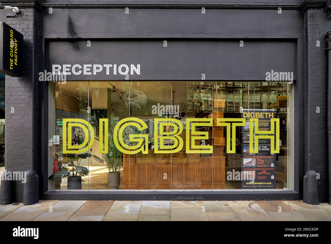 Digbeth name sign engraved on a shop window at the Custard Factory ...