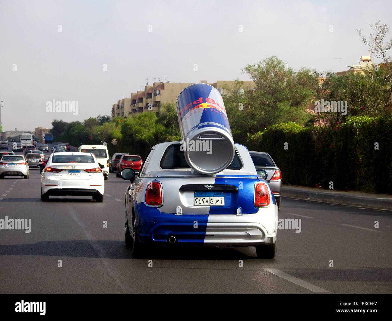 Cairo, Egypt, September 20 2023: a small MINI Cooper with a big Red ...