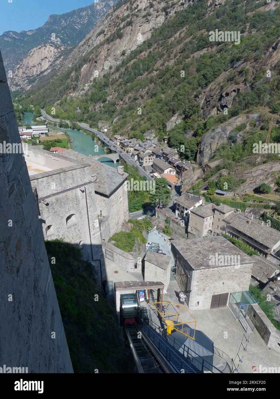 View from Forte di Bard (Fort of Bard) over the Dora Baltea river with ...
