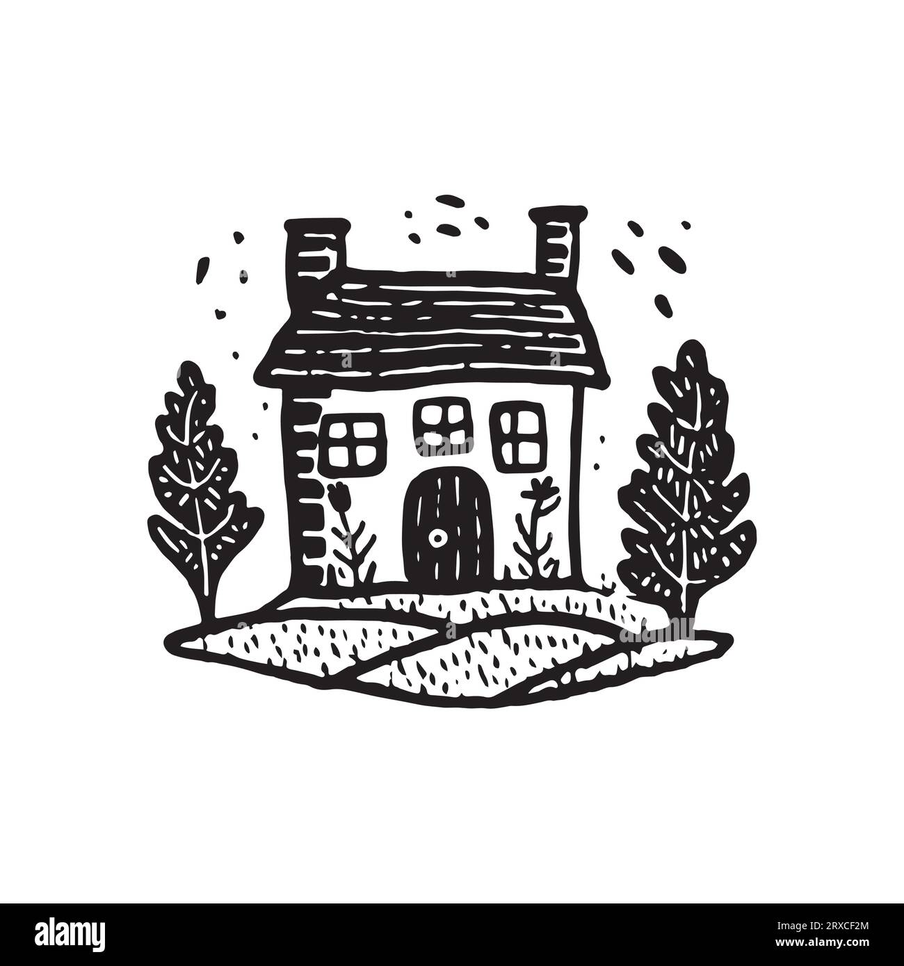 Quirky rural cabin holiday home vector illustration. Block print real ...