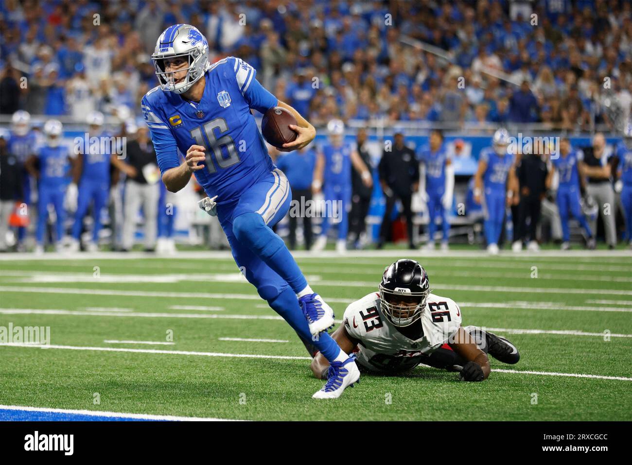 Detroit Lions quarterback Jared Goff (16) gets past Atlanta Falcons ...