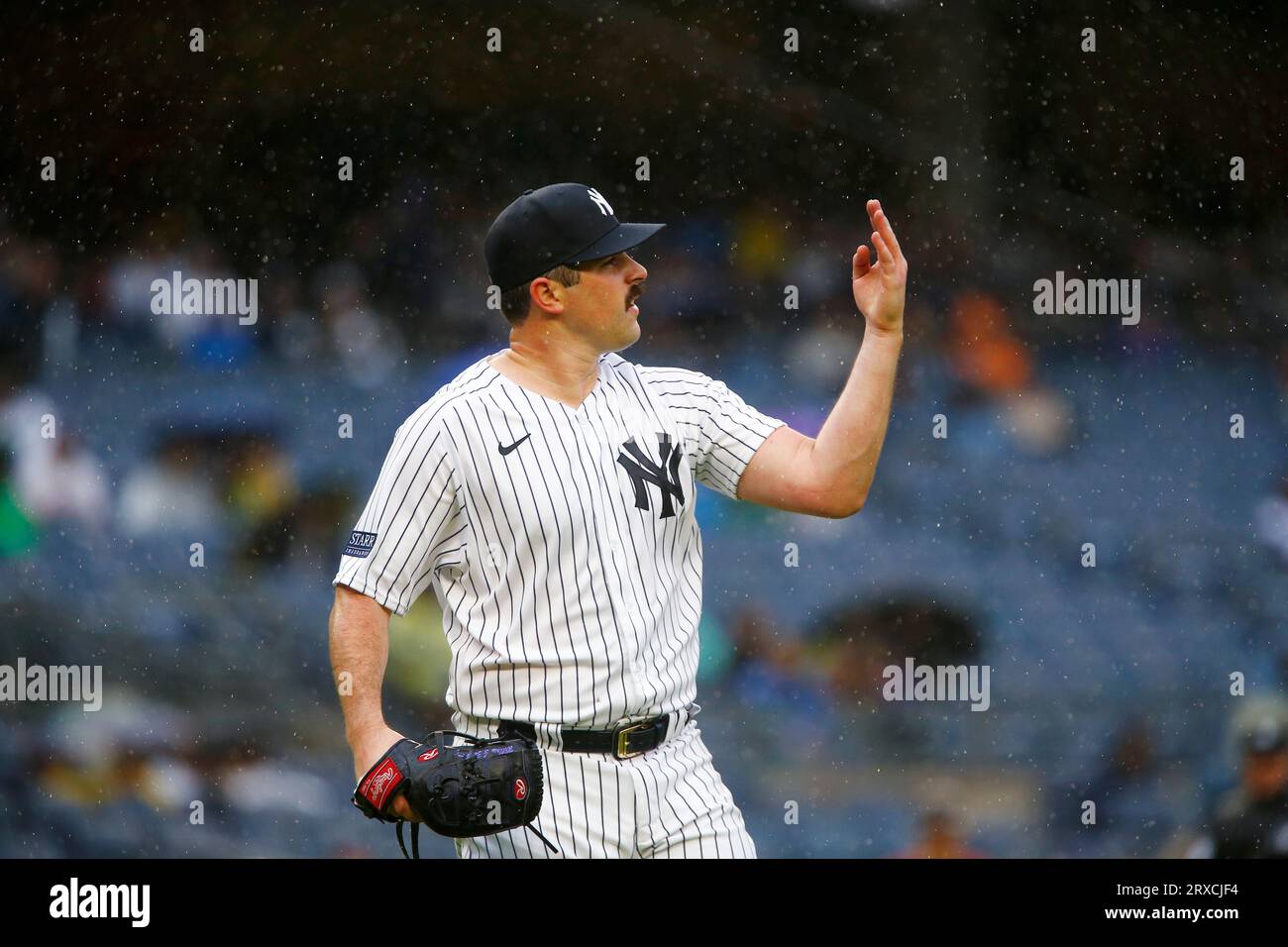 New York Yankees pitcher Carlos Rondon looks at his hand after throwing ...