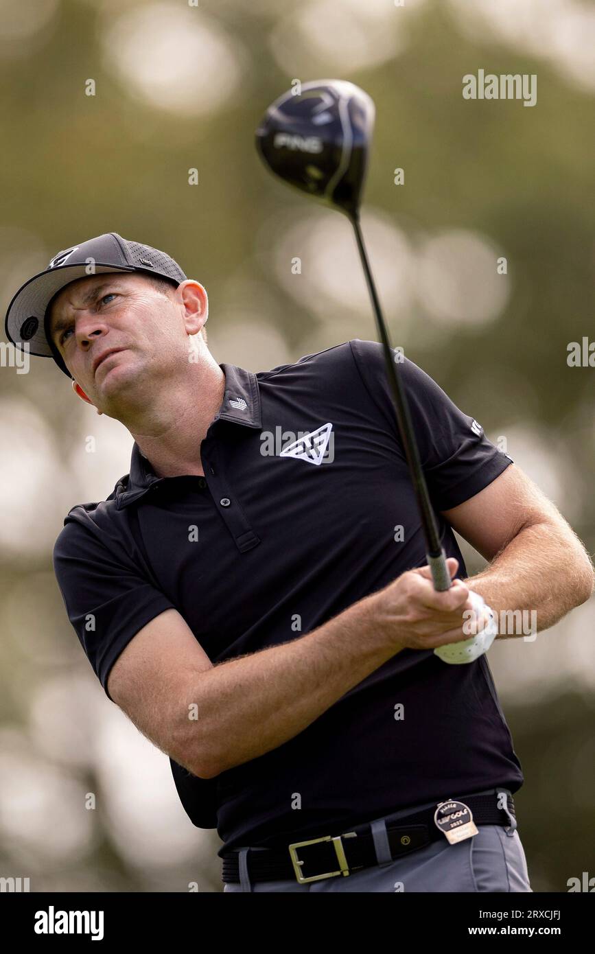Brendan Steele of HyFlyers GC hits his shot from the 16th tee during ...