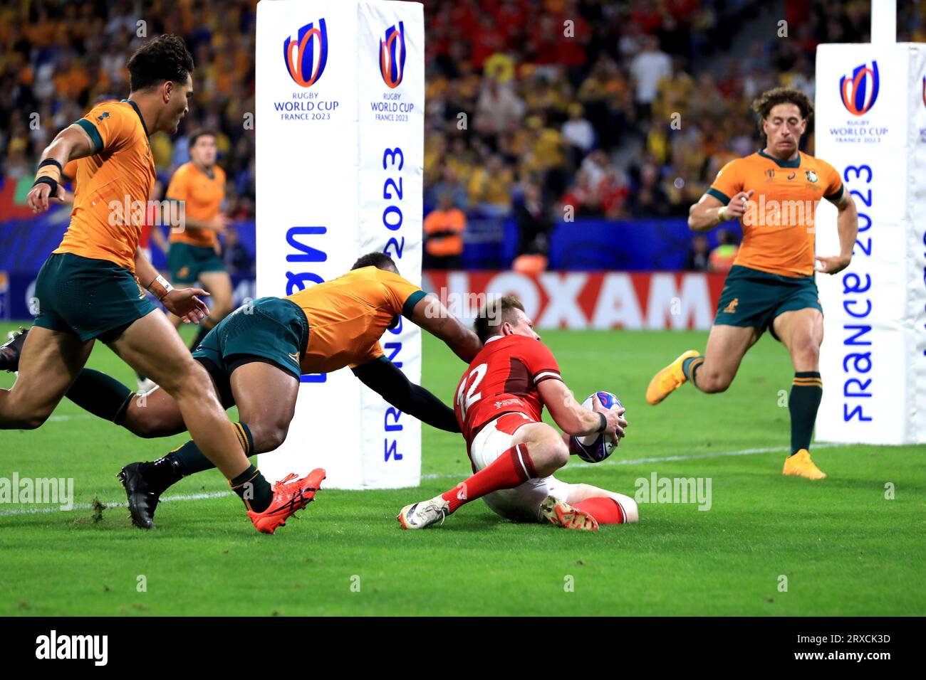 Wales' Nick Tompkins scores a try during the Rugby World Cup 2023, Pool ...