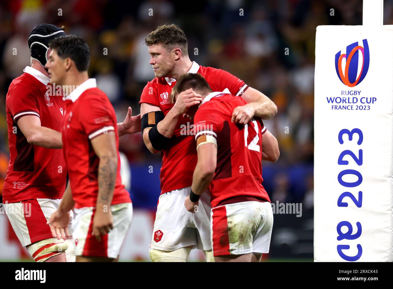 Wales' Nick Tompkins celebrates with teammates after scoring a try ...