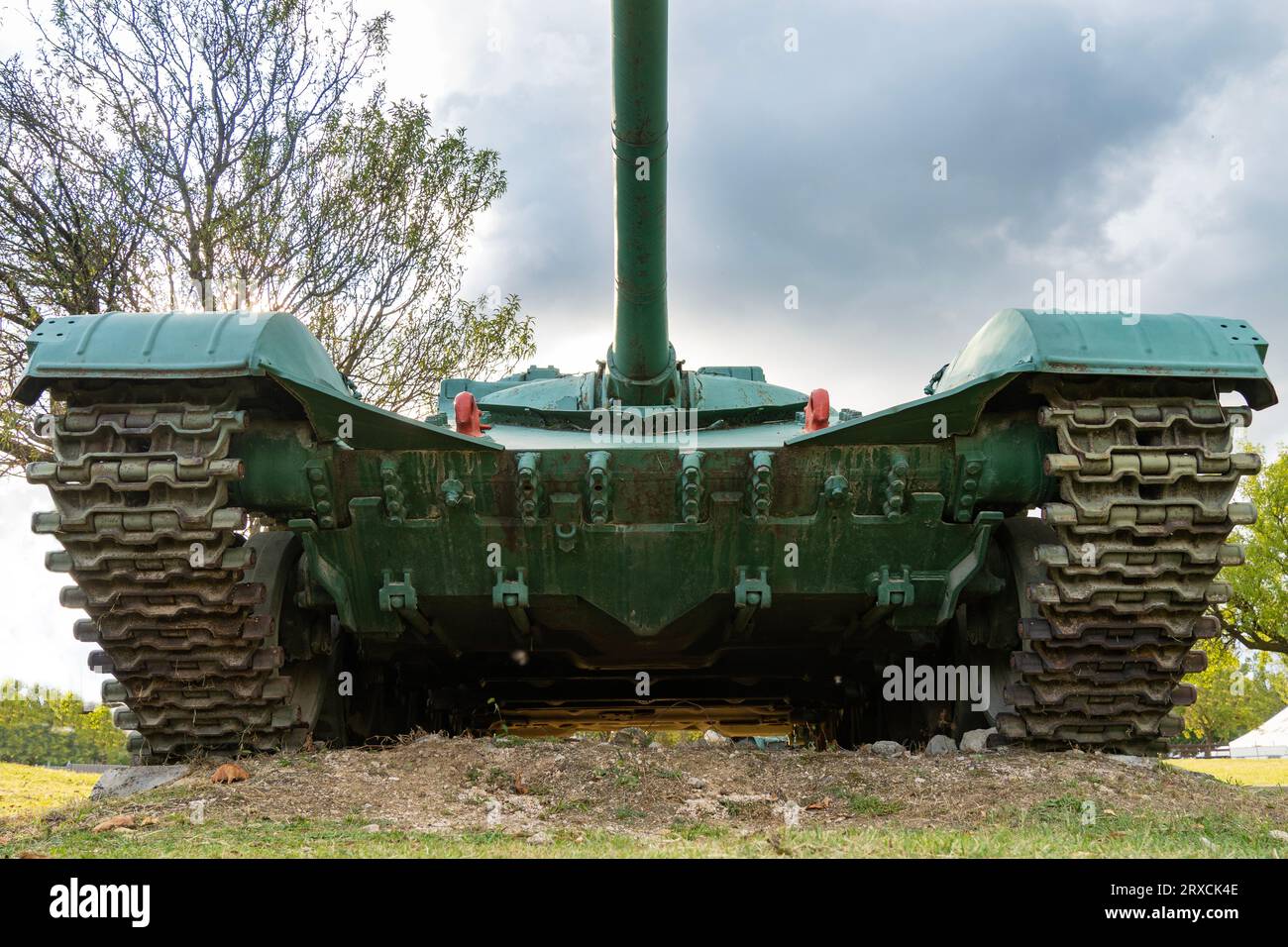 Soviet-made old green T-72 tank from the front and from below Stock ...