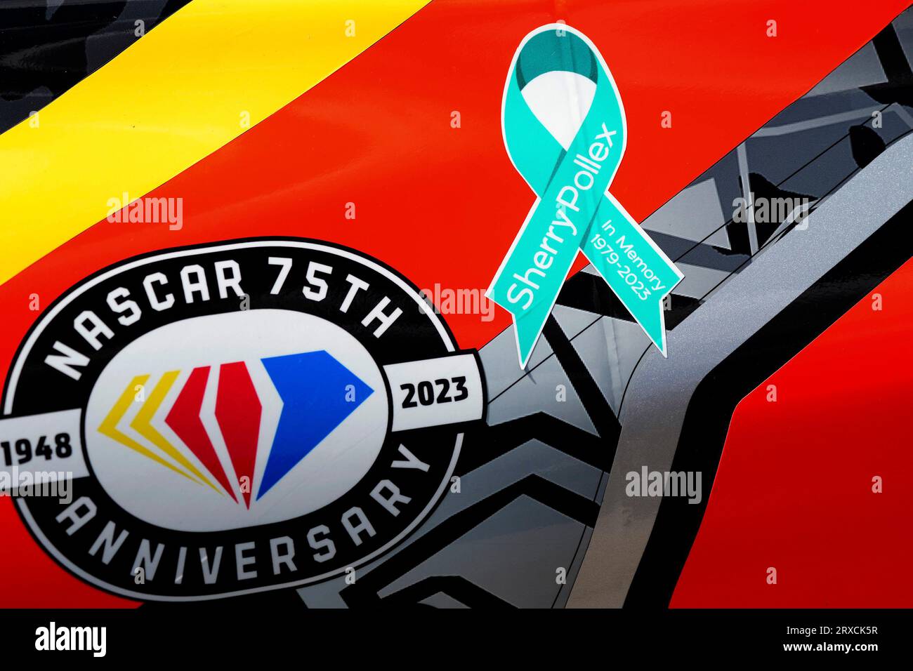 A sticker in memory of Sherry Pollex is displayed on Martin Truex Jr.'s ...