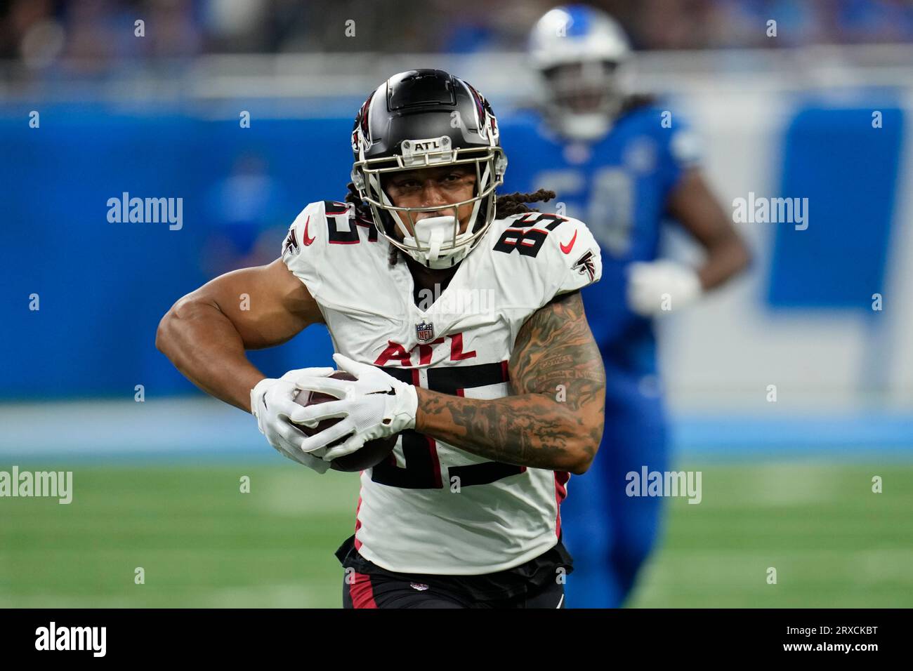 Atlanta Falcons tight end MyCole Pruitt (85) plays against the Detroit Lions in the second half ...