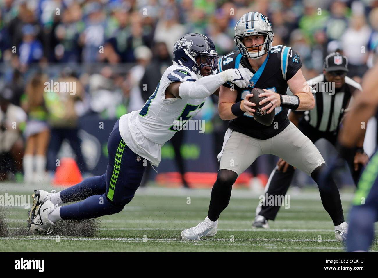 Carolina Panthers quarterback Andy Dalton is sacked by Seattle Seahawks ...