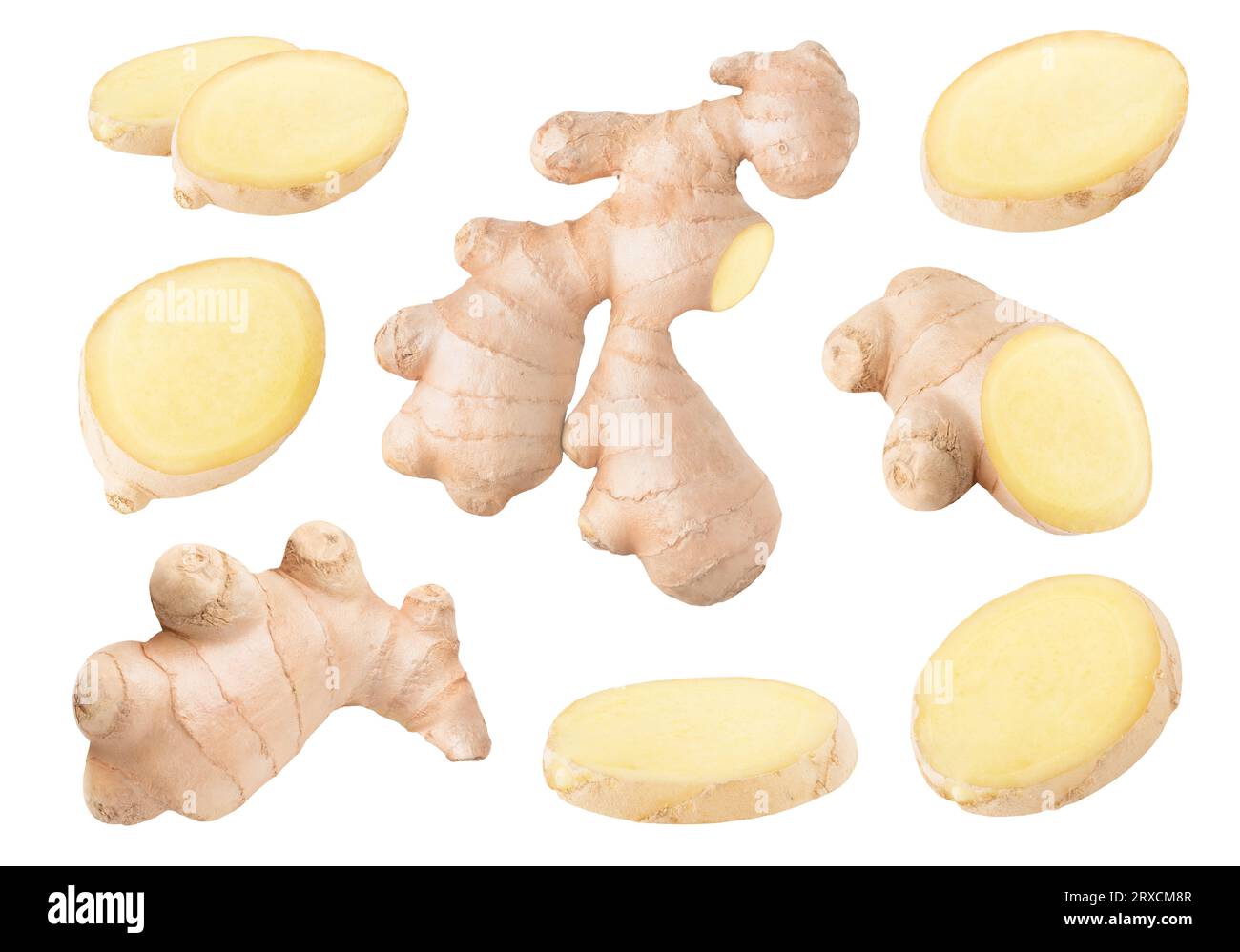 Collection of raw ginger root pieces isolated on white background Stock ...