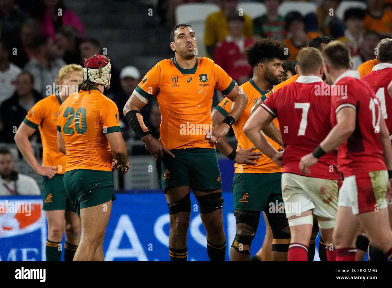 Australia's Richard Arnold, center, reacts during the Rugby World Cup ...
