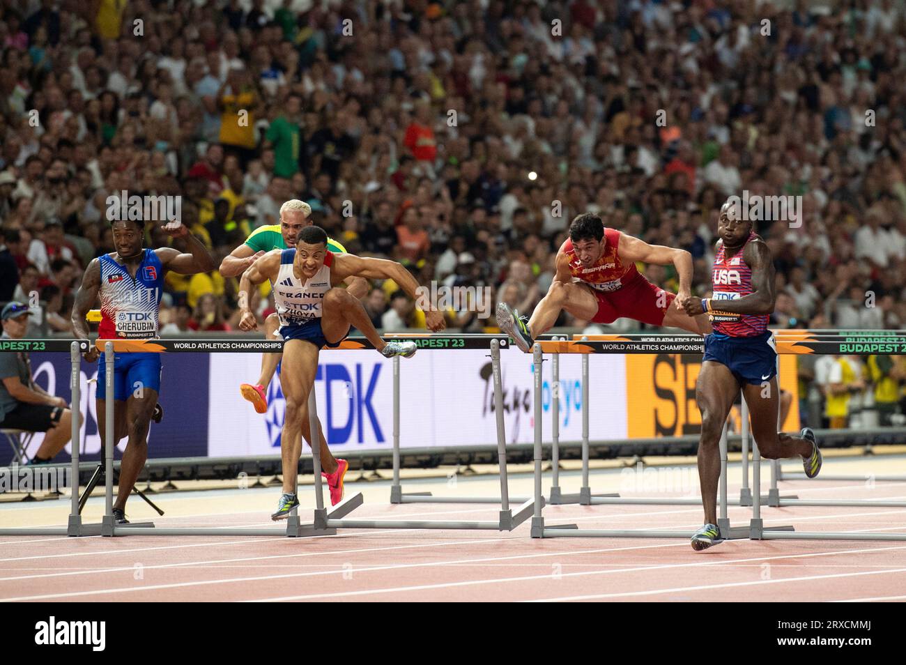 Sasha Zhoya of France, Enrique Llopis of Spain and Grant Holloway of ...