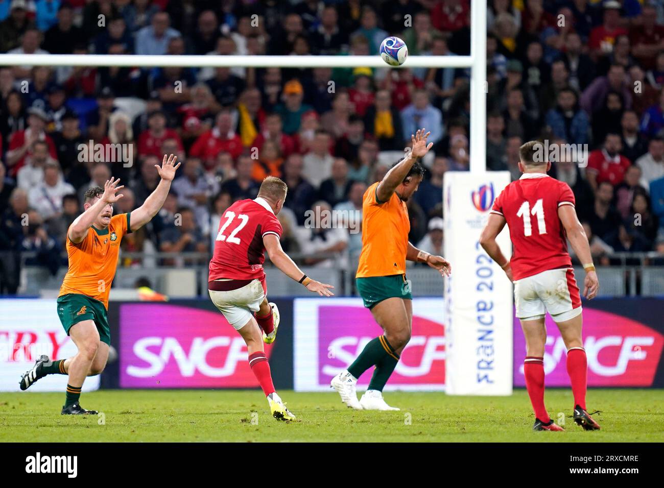 Wales' Gareth Anscombe scores a drop goal during the Rugby World Cup ...