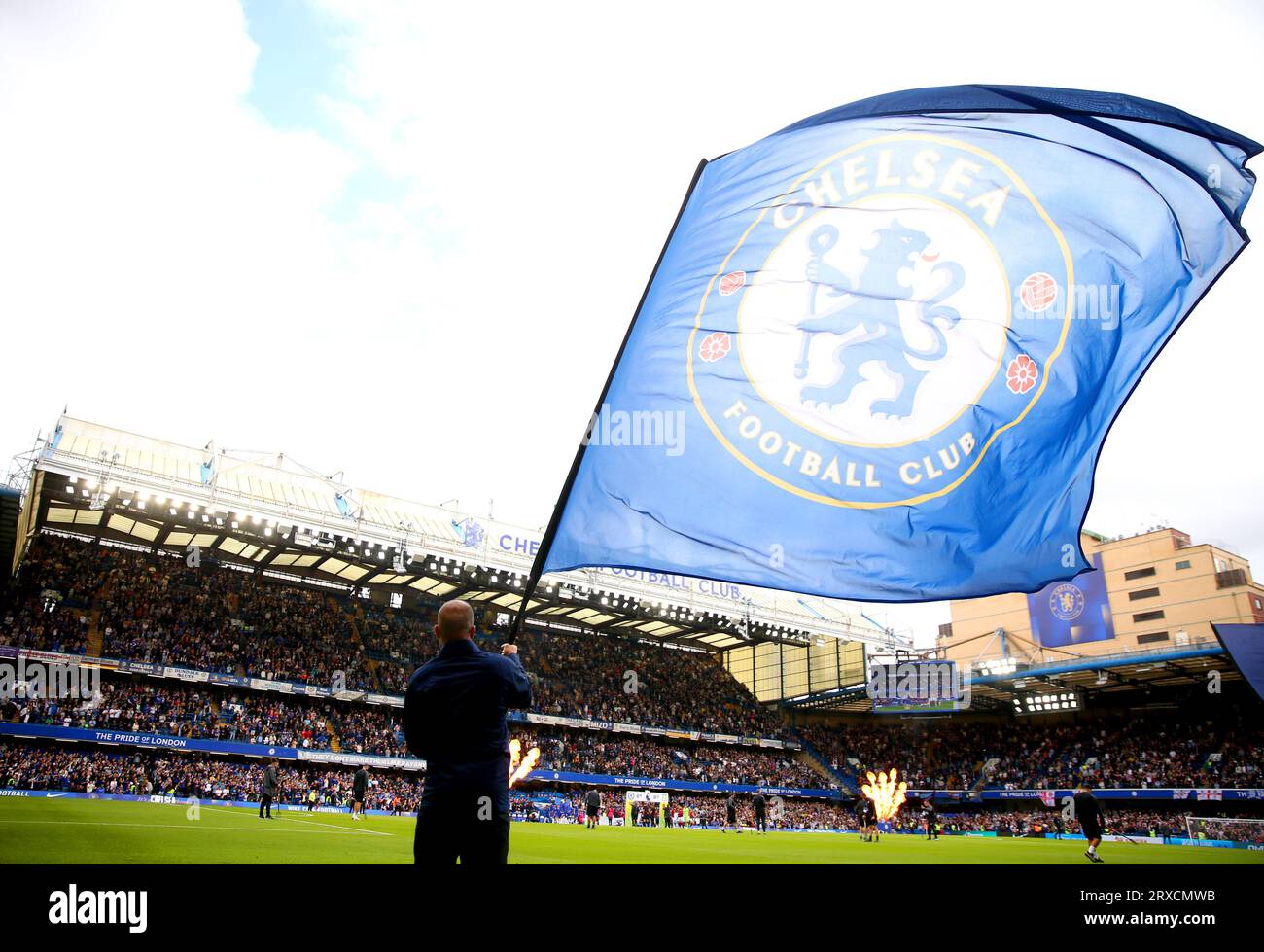 A Chelsea flag is waved on the pitch ahead of the Premier League match ...