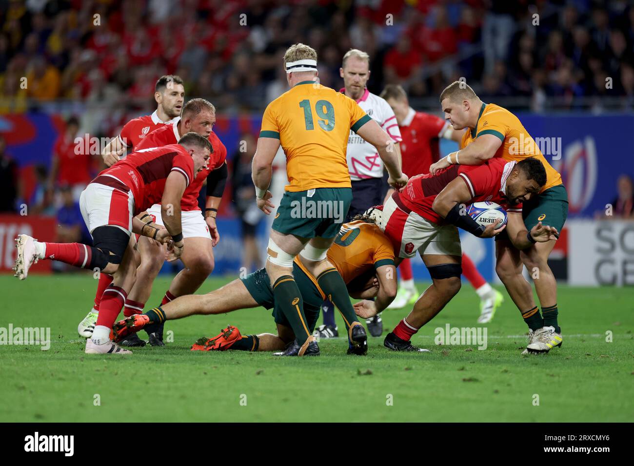 Wales' Taulupe Faletau is tackled by Australia's Fraser McReight during ...