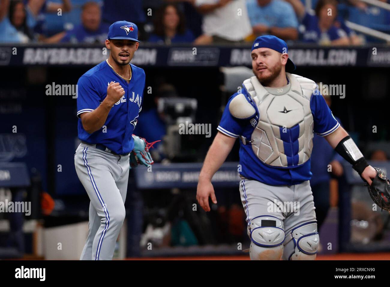 Toronto Blue Jays relief pitcher Jordan Hicks pumps his fist after the ...